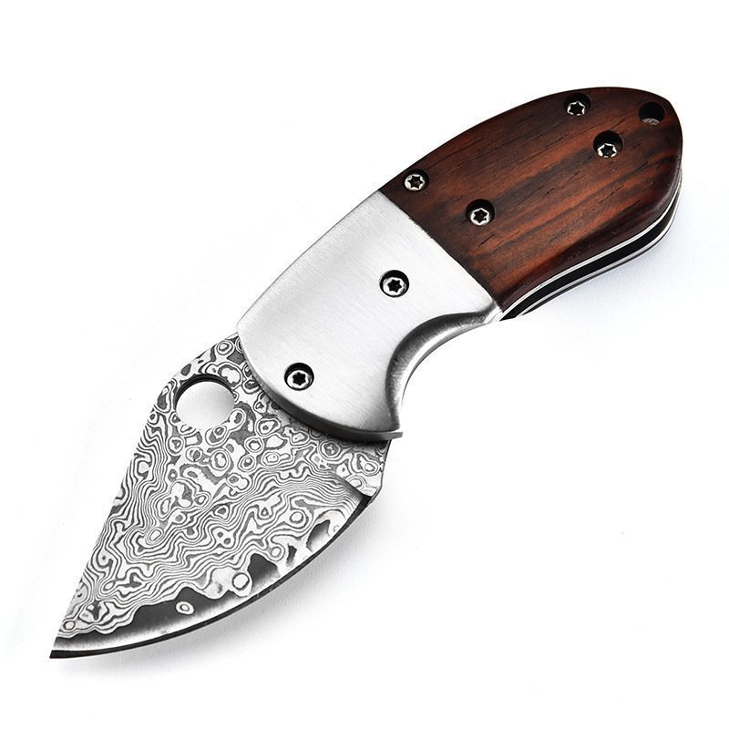 Mini Mantis Knife Damascus Steel Folding Knife Wooden Handle Pocket ...